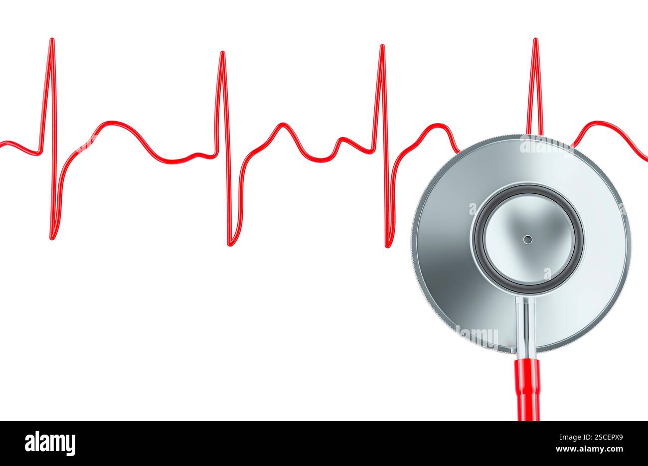 Stethoscope with heart rhythm ECG, heart pulse. 3D rendering isolated ...