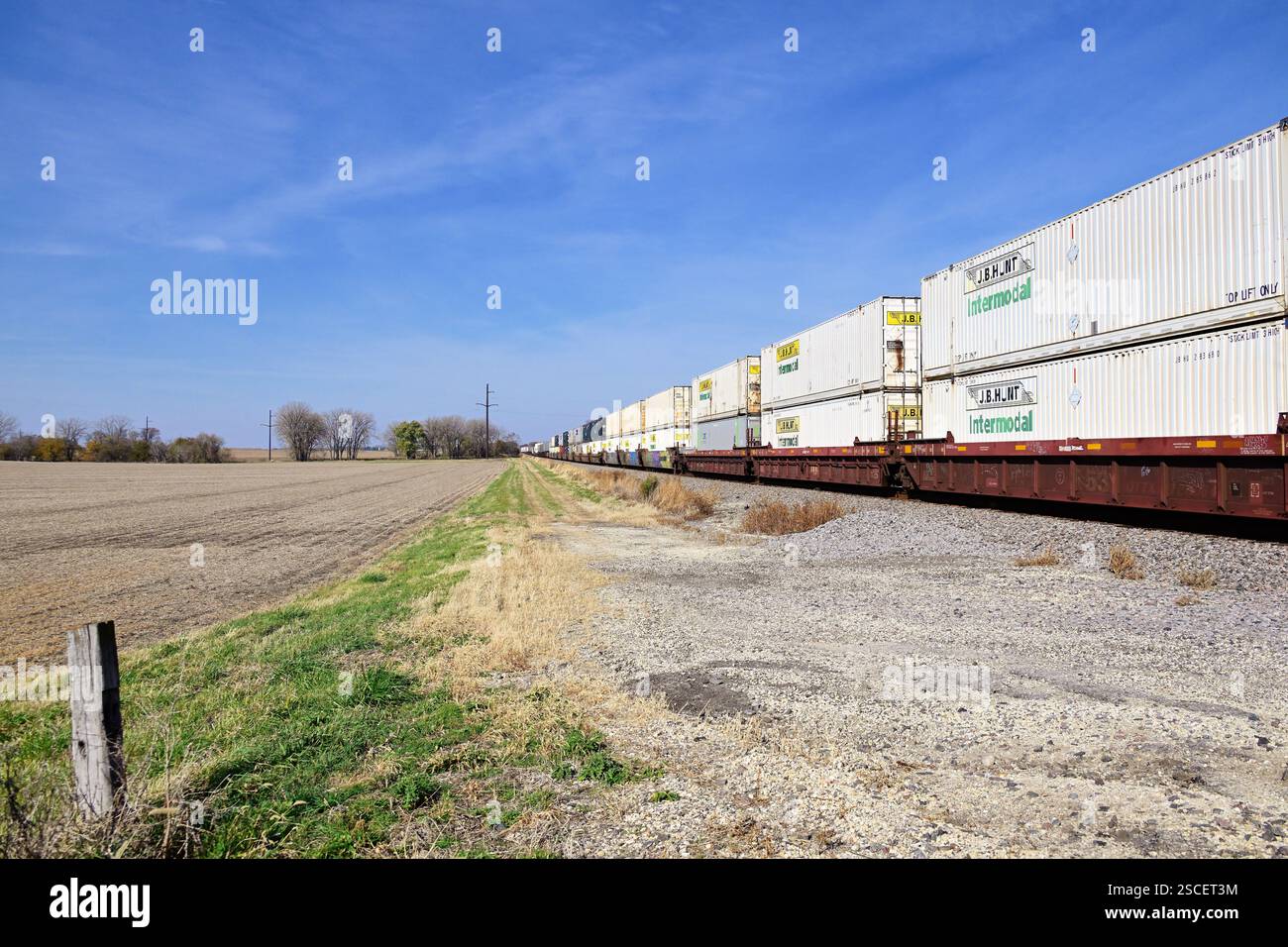 Lee, Illinois, USA. Containers on an intermodal freight train stretch ...