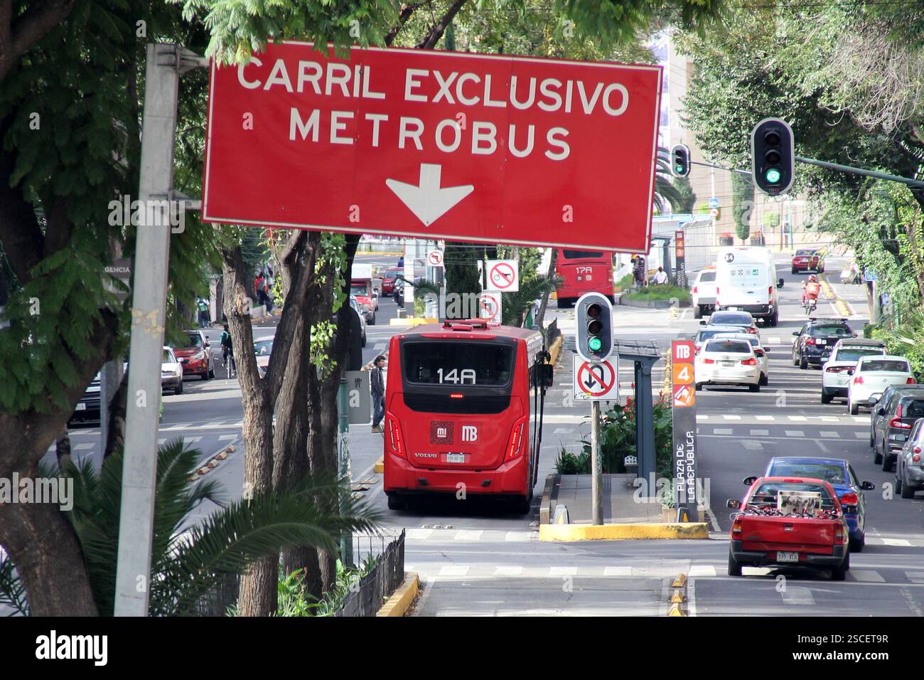 Mexico City, Mexico - Aug 23 2023: The Metrobus is a red double-decker ...