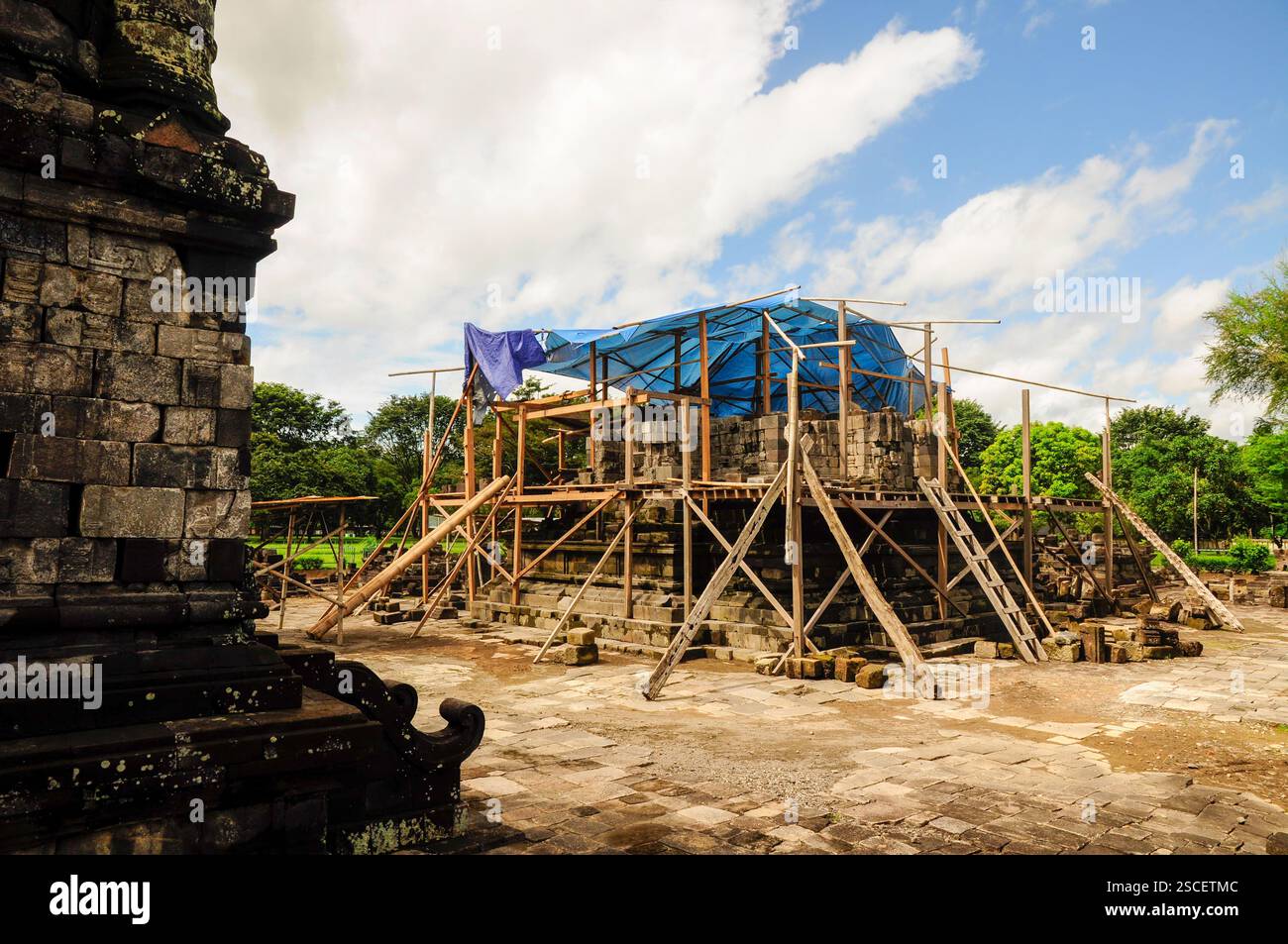 Hindu temple of Prambanan under construction structure for restoration on the island of Java ...