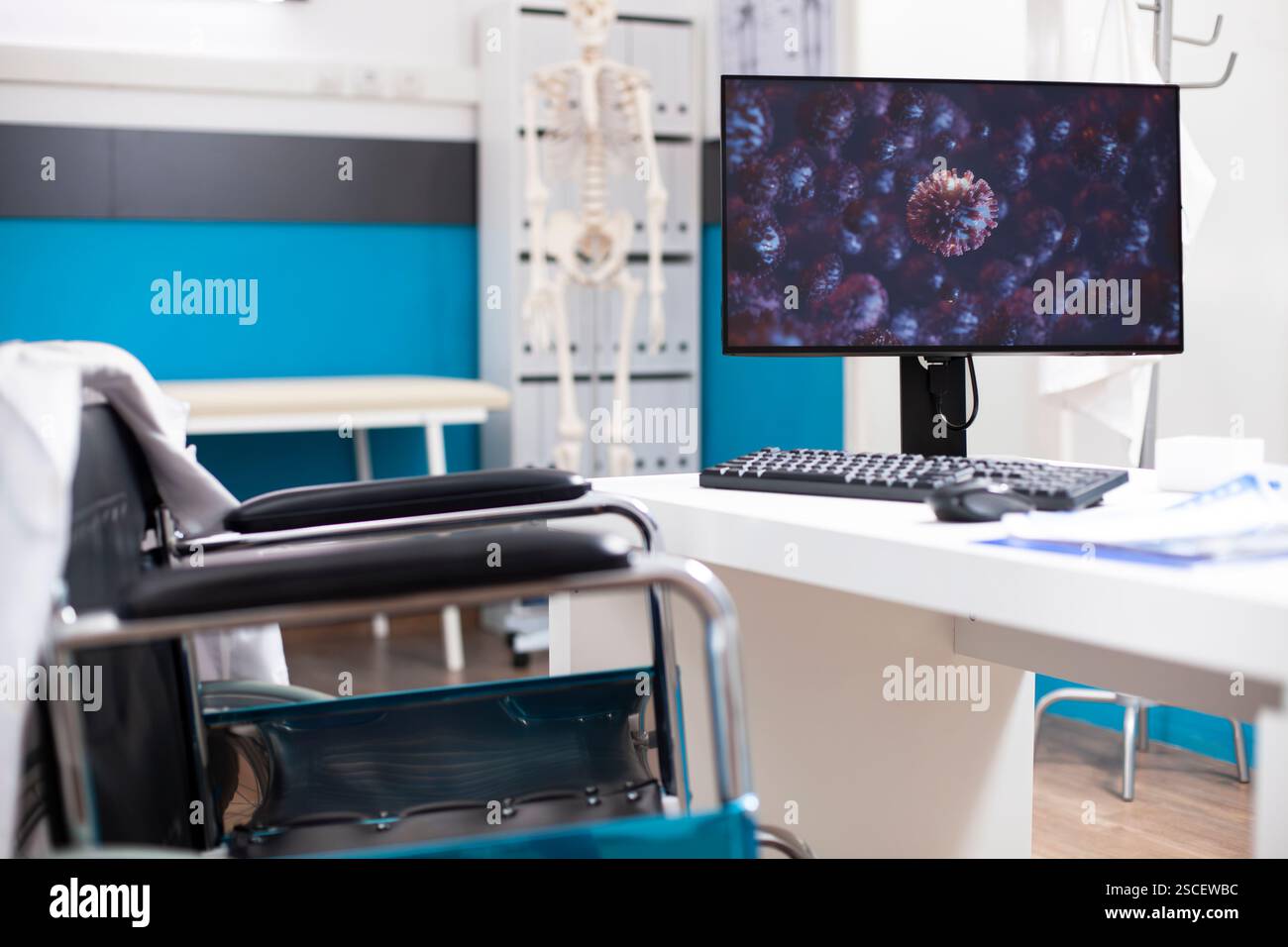 Digital display of virus cells in vacant doctors office focuses on ...