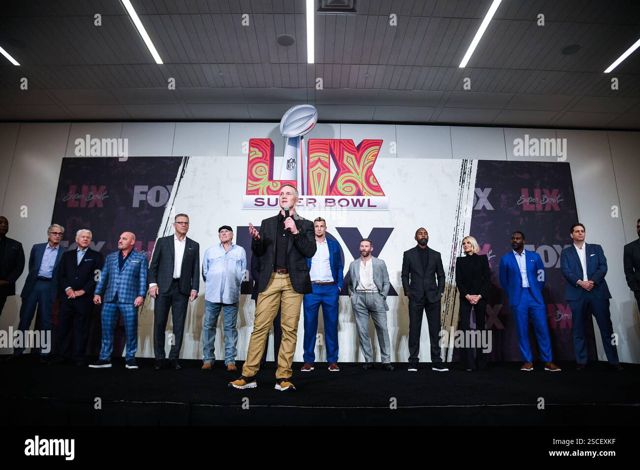 Fox Sports broadcasters stand on stage during the Fox Sports Media Day ...
