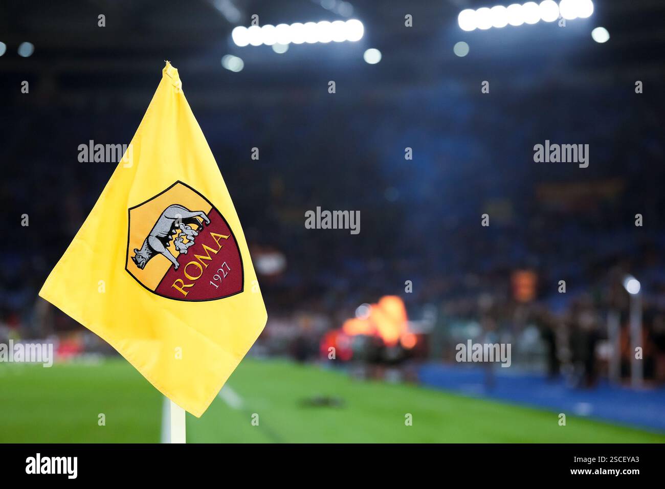Rome, Italy. 30th Jan, 2025. AS Roma team logo on corner kick flag ...