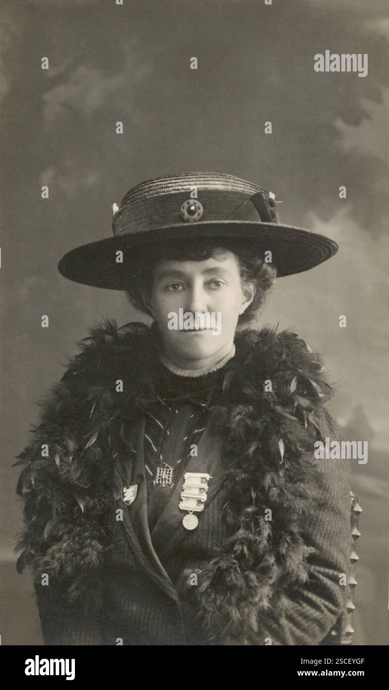 Portrait of English suffragette Emily Wilding Davison wearing her hunger strike medal and ...