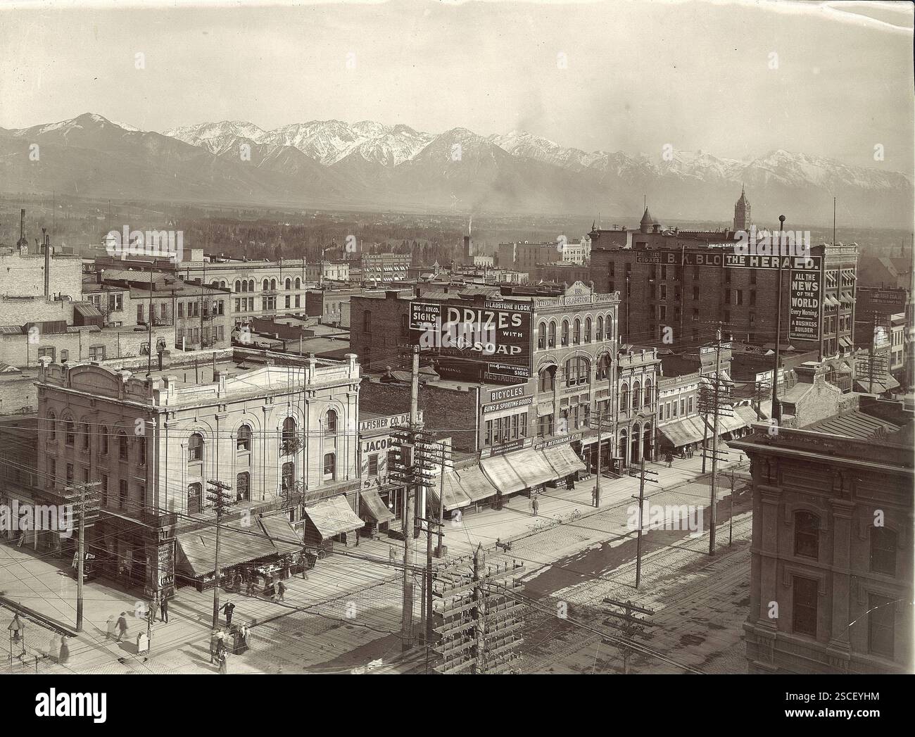 South-East view of Salt Lake City, city street scene of shops, with ...