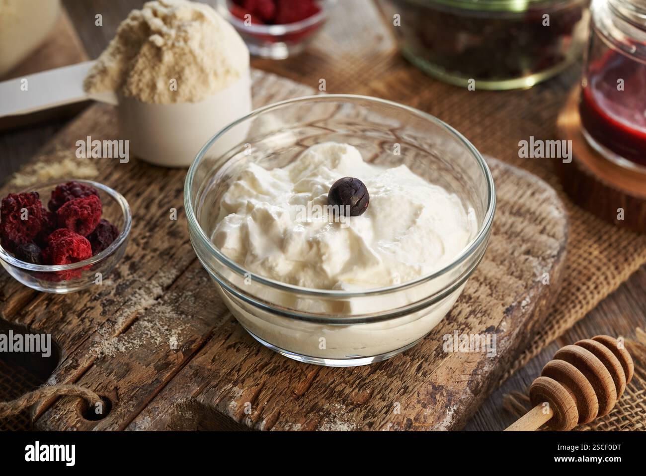 Greek yogurt in a bowl with whey protein and freeze dried berries ...
