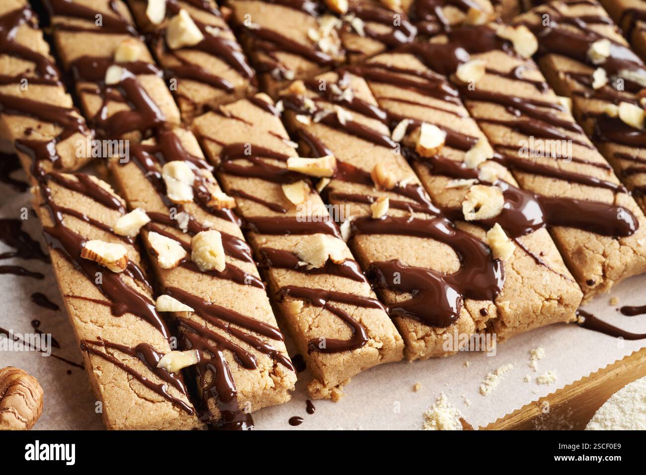 Closeup of homemade snack bars made with whey protein powder, ground ...