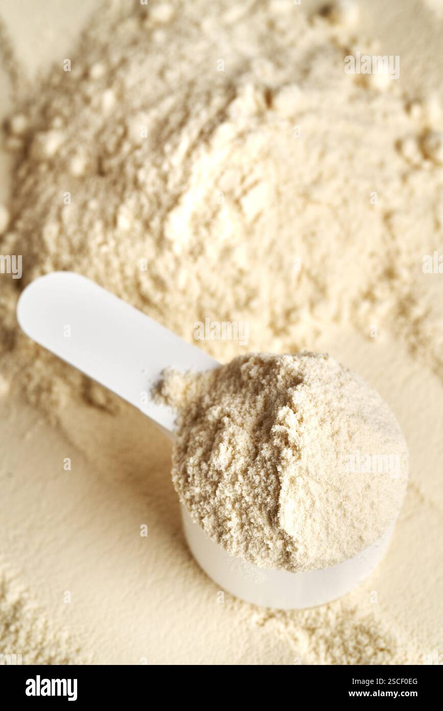Whey protein powder in a measuring cup Stock Photo - Alamy