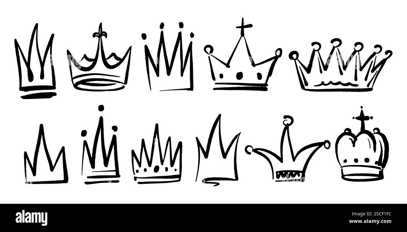 Hand or brush drawn crowns for kings and queens in grunge style ...