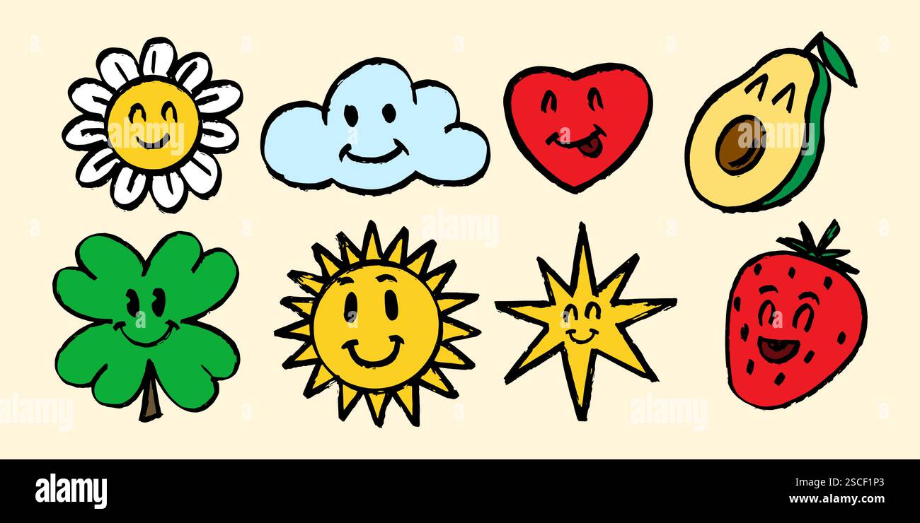 Cartoon kawaii fruits flowers and cloud with faces. Sun grunge ...