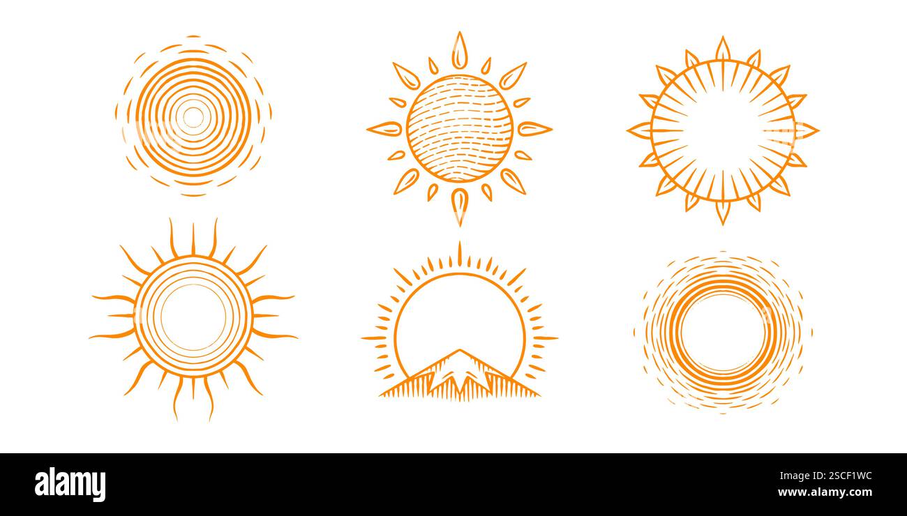 Hand drawn suns rays of light engraved in old vintage style. Solar ...
