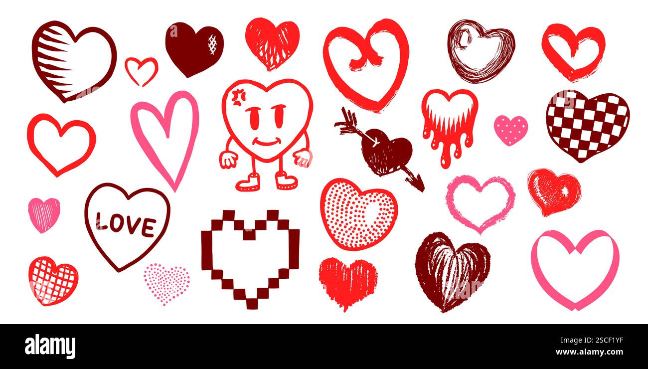 Set of hand drawn heart. collection scribble markers hearts isolated on ...