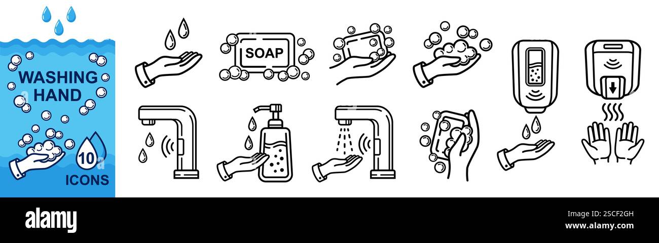 Hand washing with water, soap, skin care hygiene cleaning, touch faucet ...