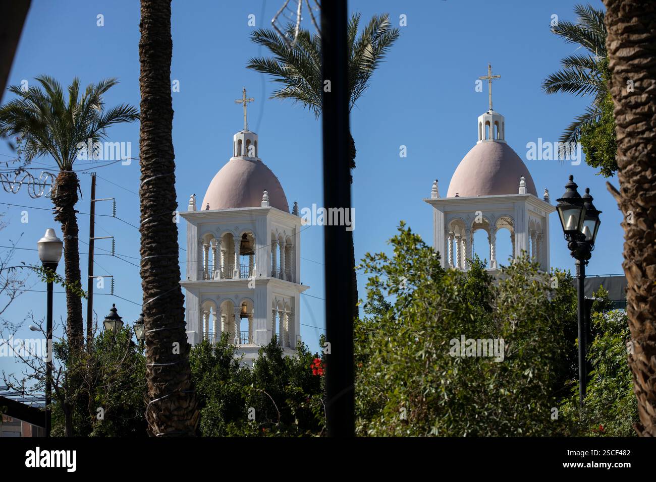 Afternoon sun shines on the historic downtown church of central San ...