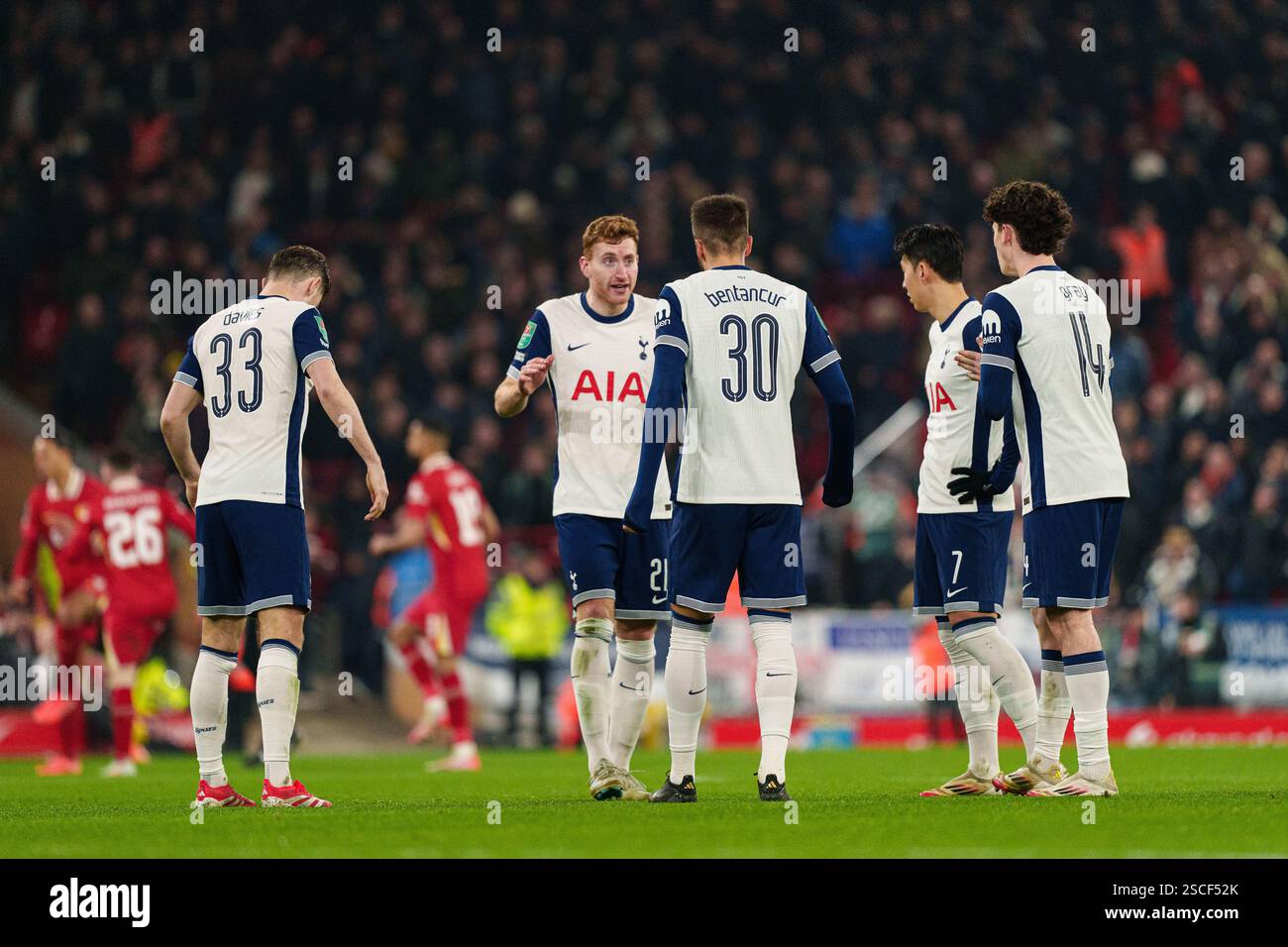 Tottenham Hotspur's (L-R) Ben Davies, Dejan Kulusevski, Rodrigo Bentancur, Son Heung-Min and ...