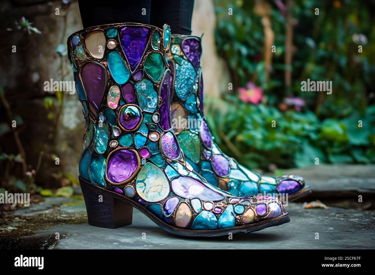 Psychedelic stained glass boots in shades of blue imitating a stained ...