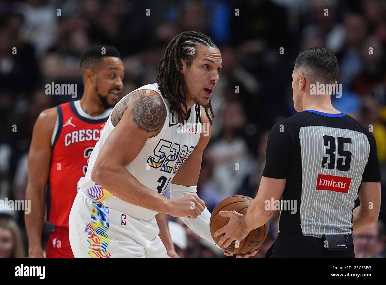 Denver Nuggets forward Aaron Gordon (32) argues for a call with referee ...