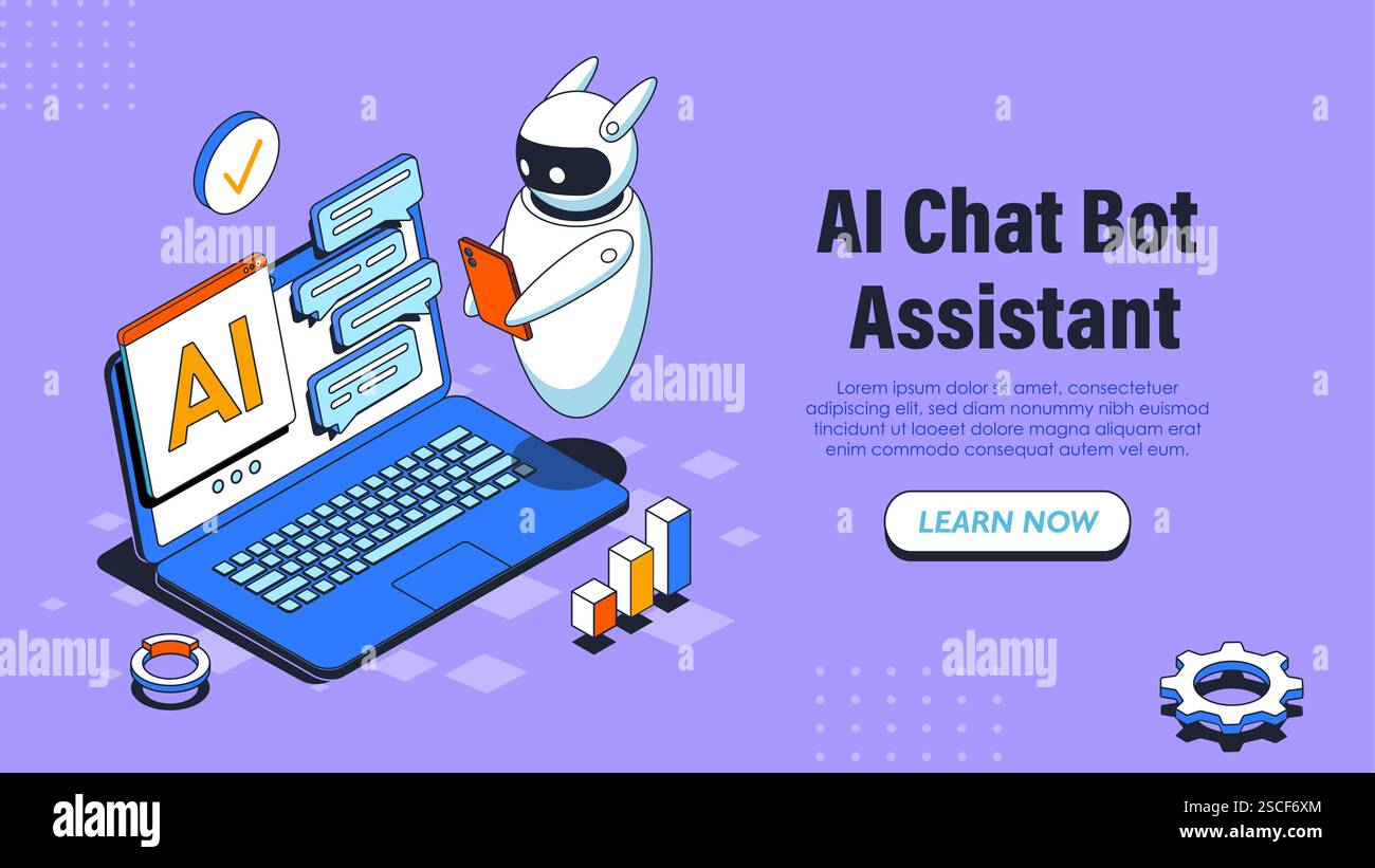 AI chat bot assistant poster. Bot with laptop. Artificial intelligence and machine learning ...