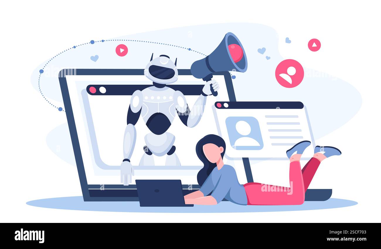 AI social media concept. Woman near computer with robot. Living on social networks using ...