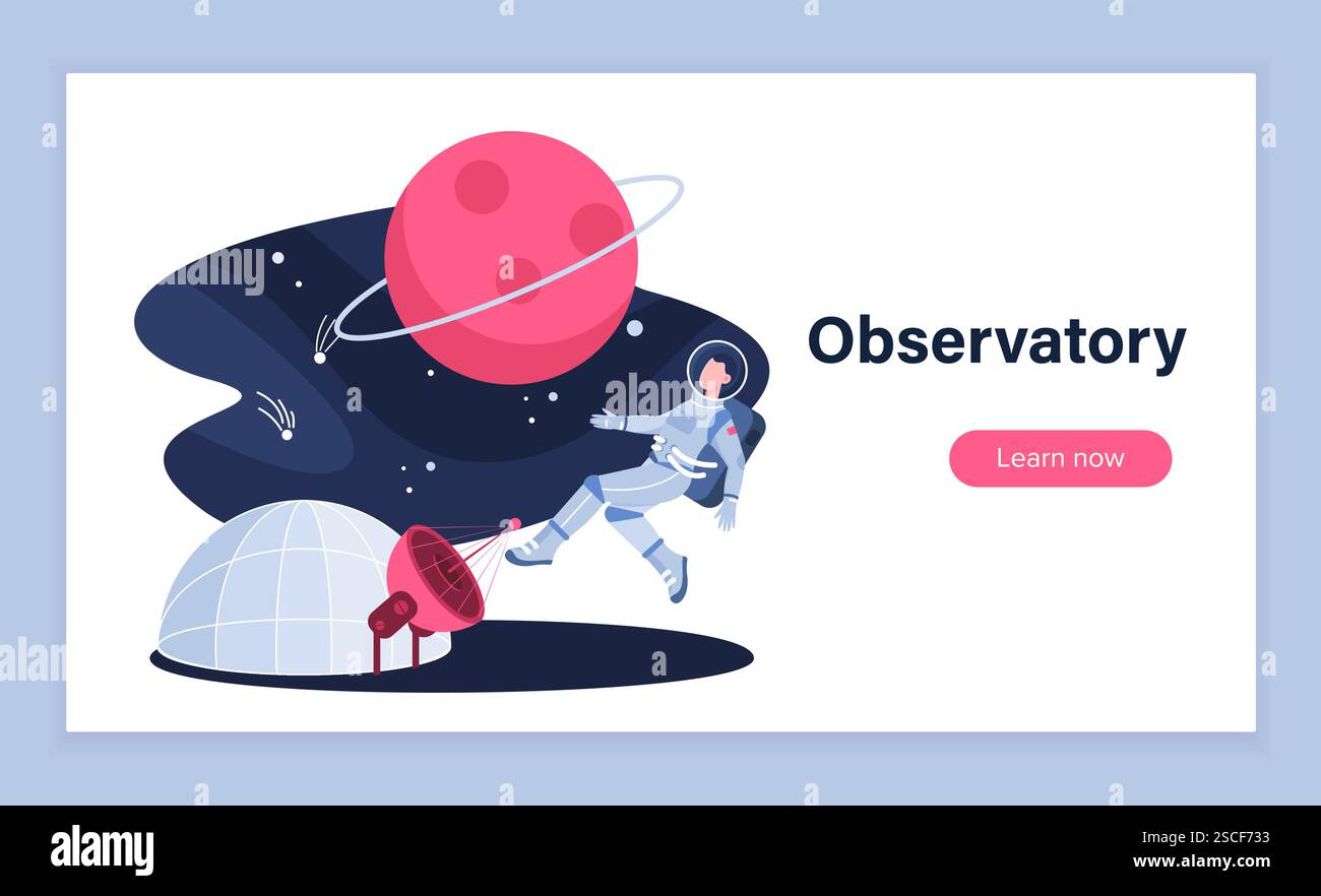 Observatory web banner. Astronaut in space among planets and stars ...