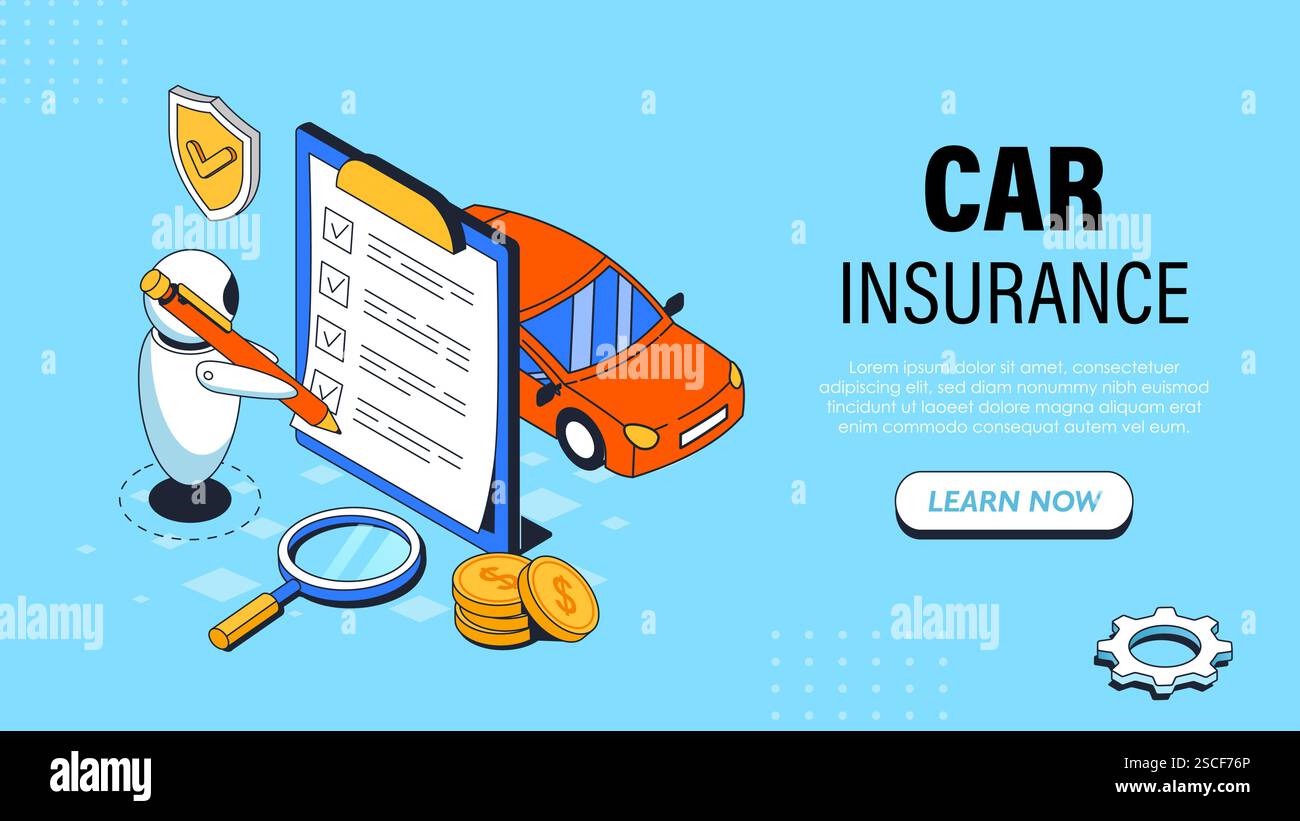 Car insurance poster. Robot with pencil near automobile. Financial ...