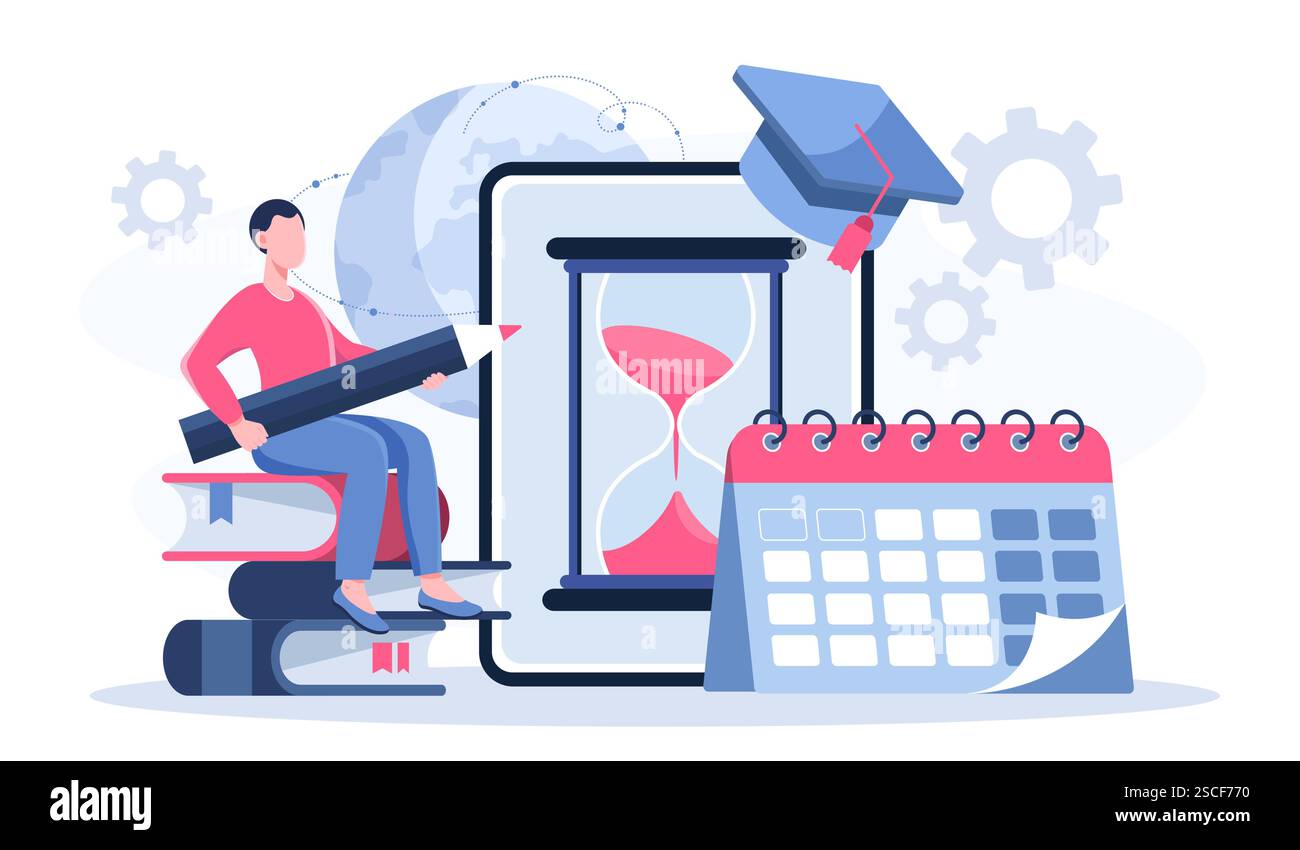 Time management man. Businessman with huge pencil near calendar and ...