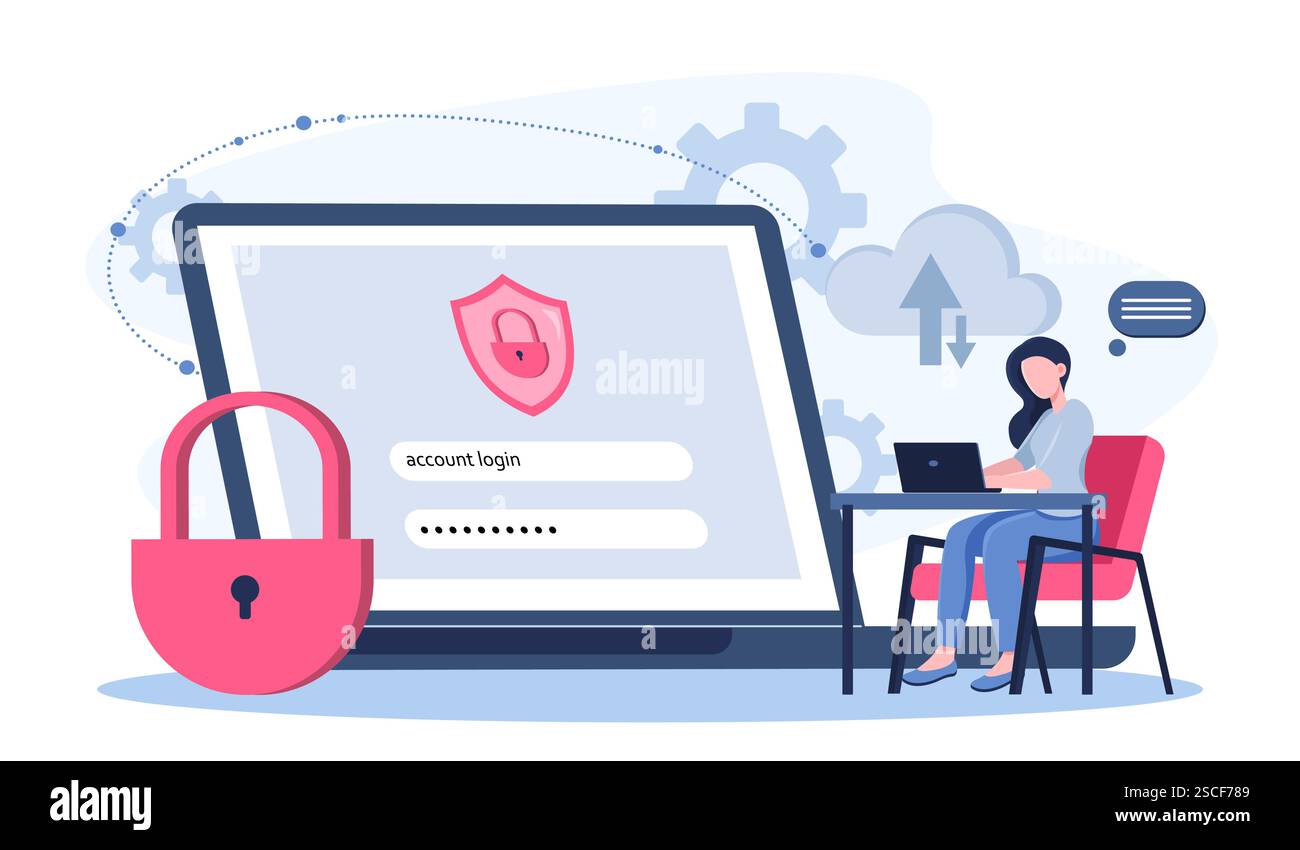 Cloud data security. Woman with laptop enters her username and password ...