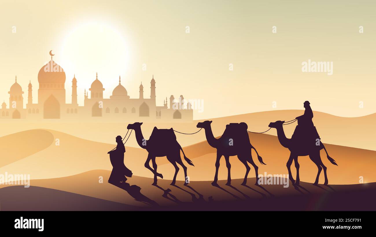 Caravan in desert. Silhouettes of men and camel in desert. Morocco ...