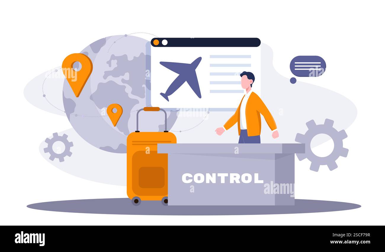 Customs officer concept. Man with luggage and baggage near planet ...