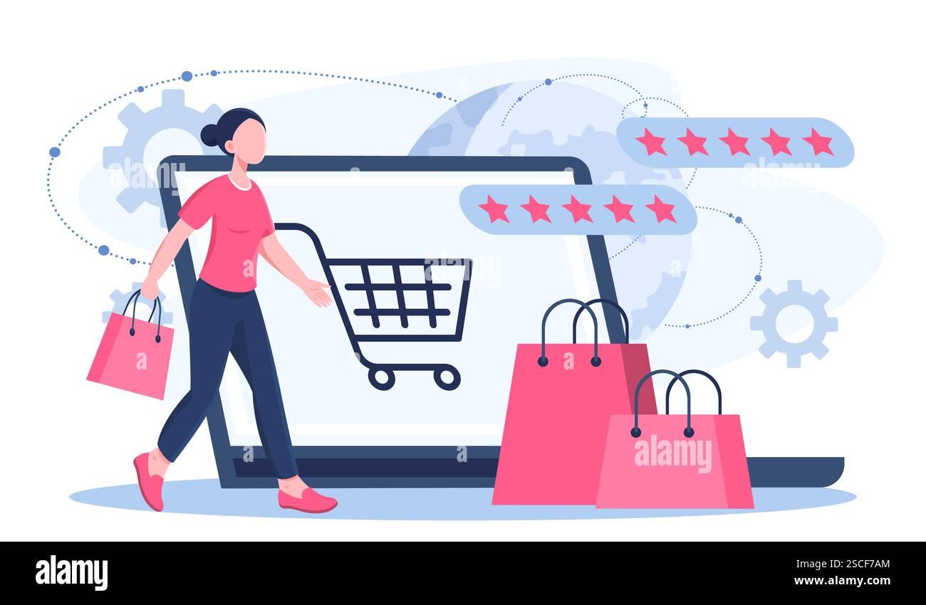 Customers rating online. Woman with shopping buys goods on Internet ...