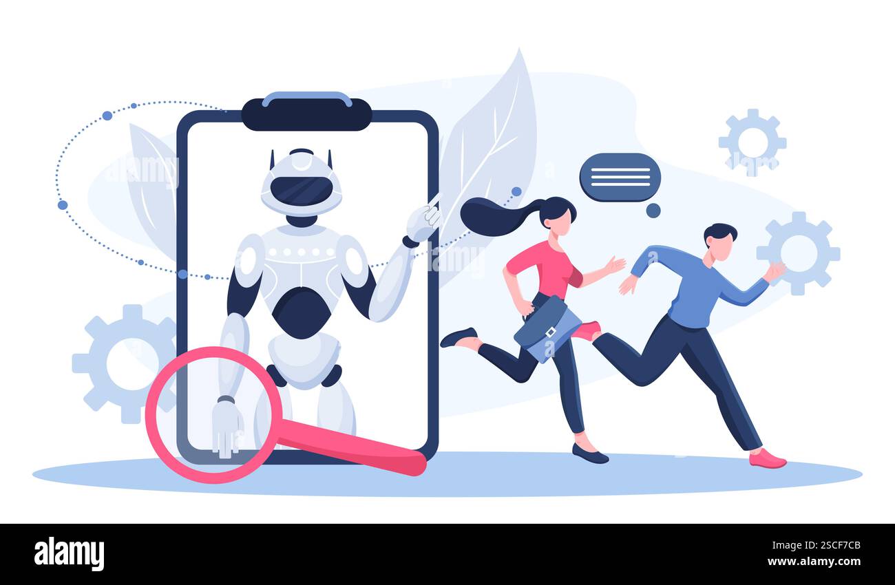 Collaboration with AI. Man and woman near smartphone with robot ...