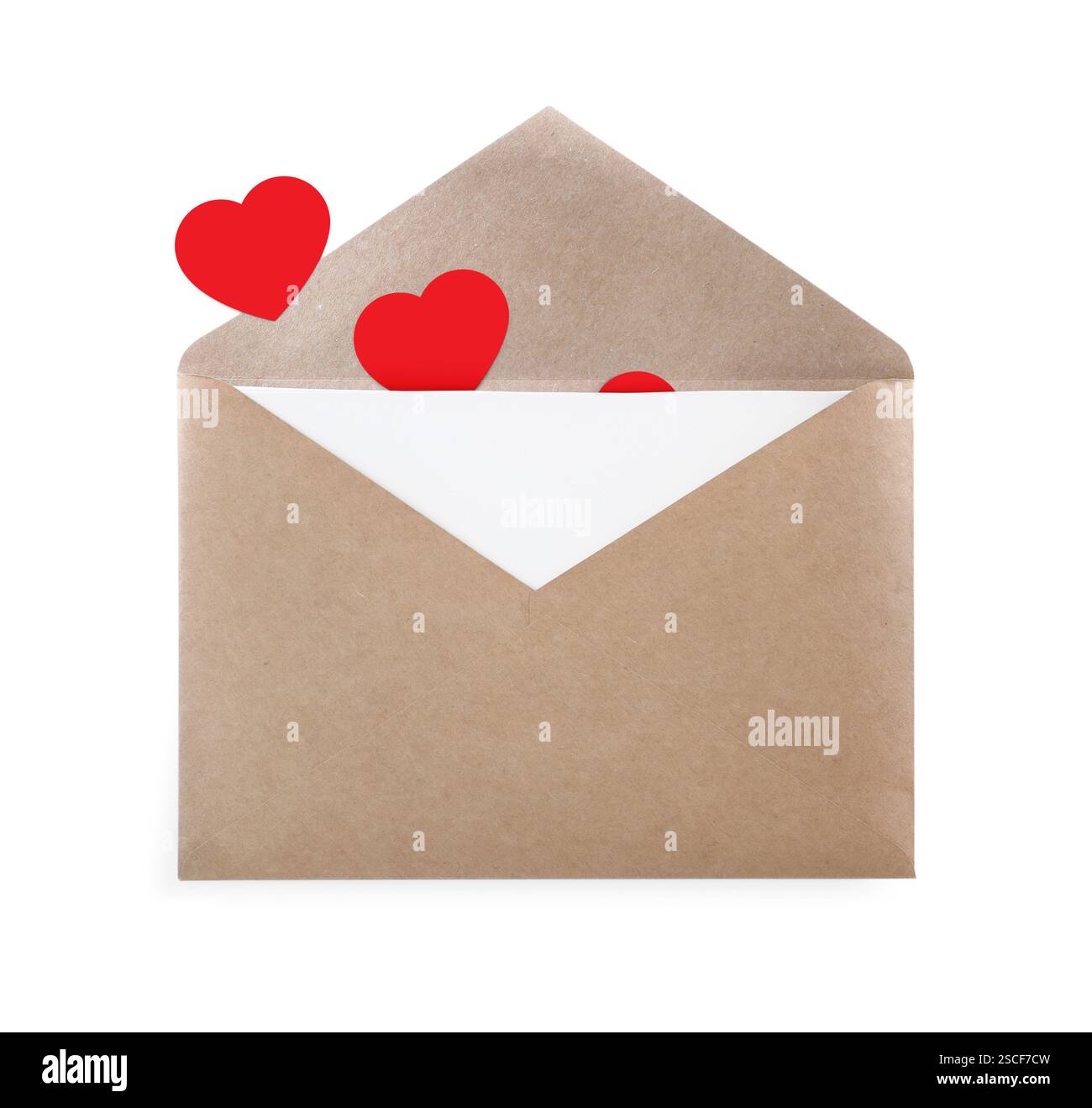 Paper hearts flying out of envelope on white background, top view. Love ...