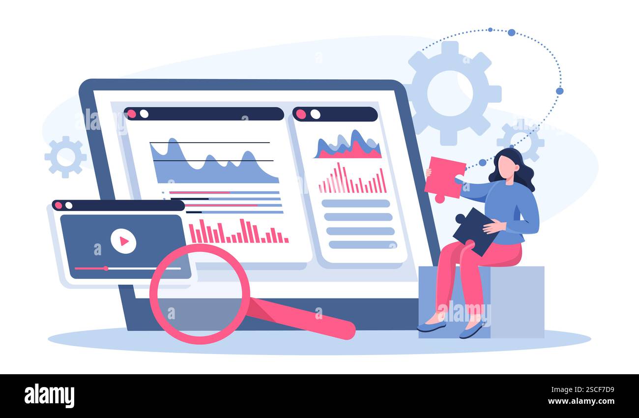 Competitor analysis online. Woman with magnifying glass analyzes graphs ...
