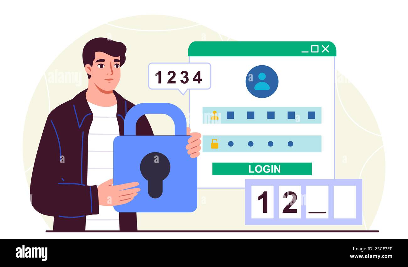 Man enters password. Young guy with padlock enter password and login. Internet security and ...