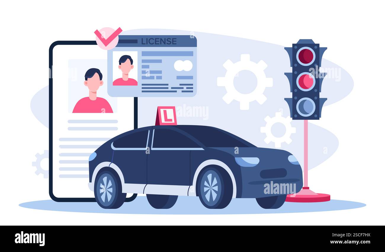 Driving school lesson. Black car near drivers license and traffic ...