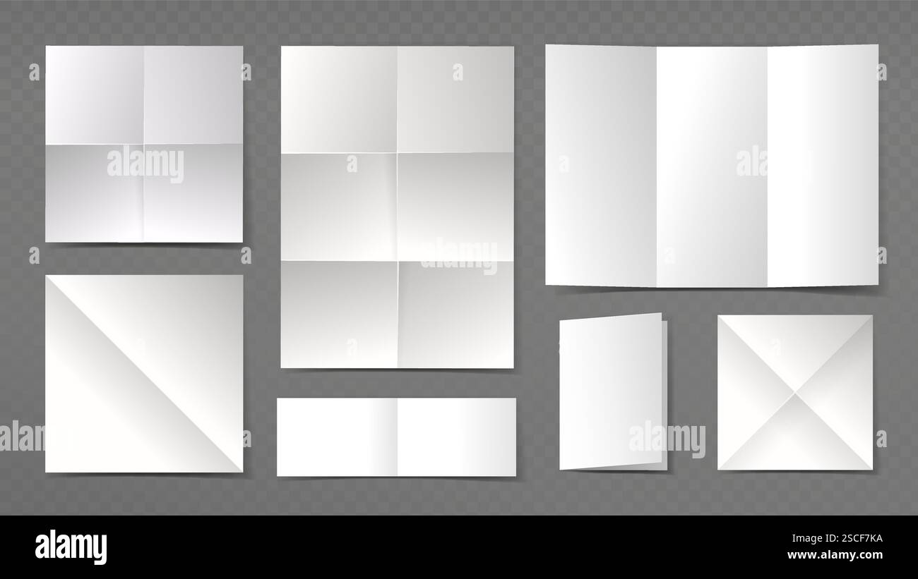 Empty wrinkled leaflets set. White envelopes. Square folded paper ...