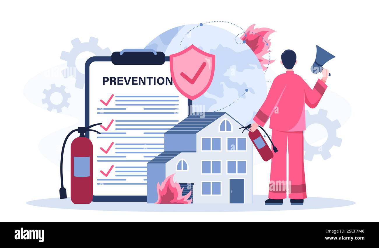 Fire prevention concept. Man in uniform with fire extinguisher puts out ...