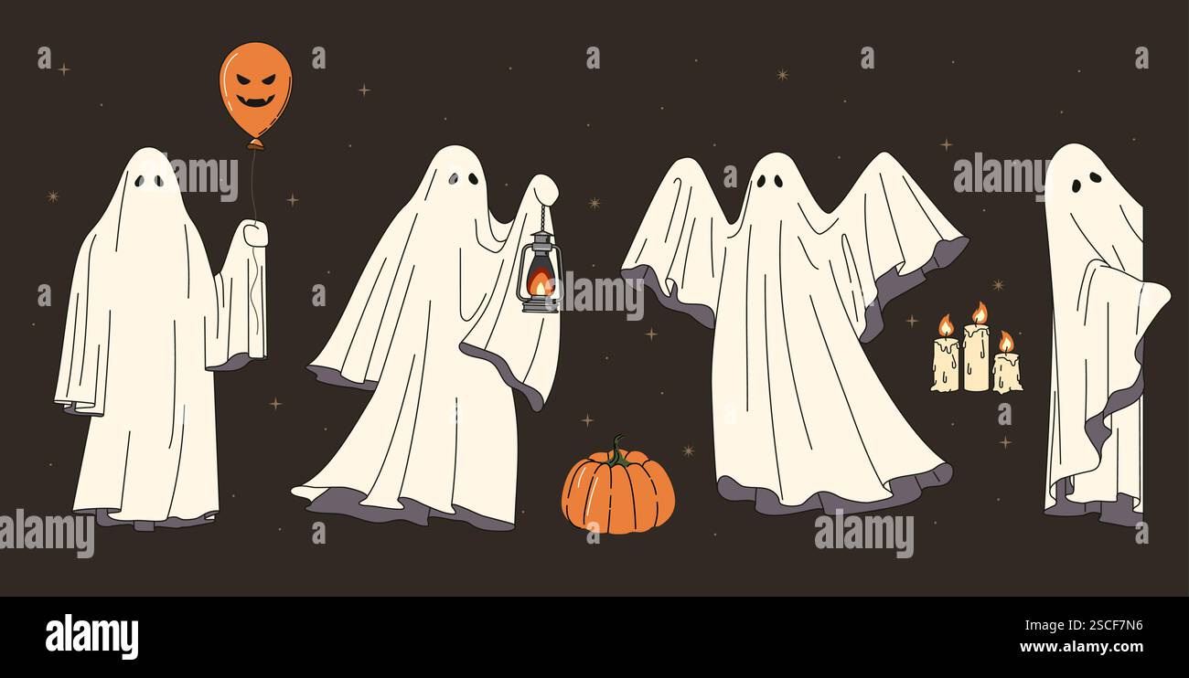 Set of ghosts. Spirits with pumpkins. International holiday of fear and ...