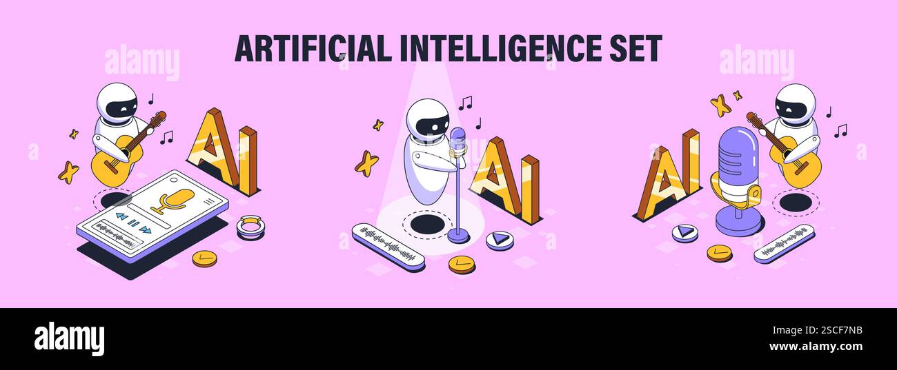 AI music set. Robot with musical instruments. Creativity and art ...
