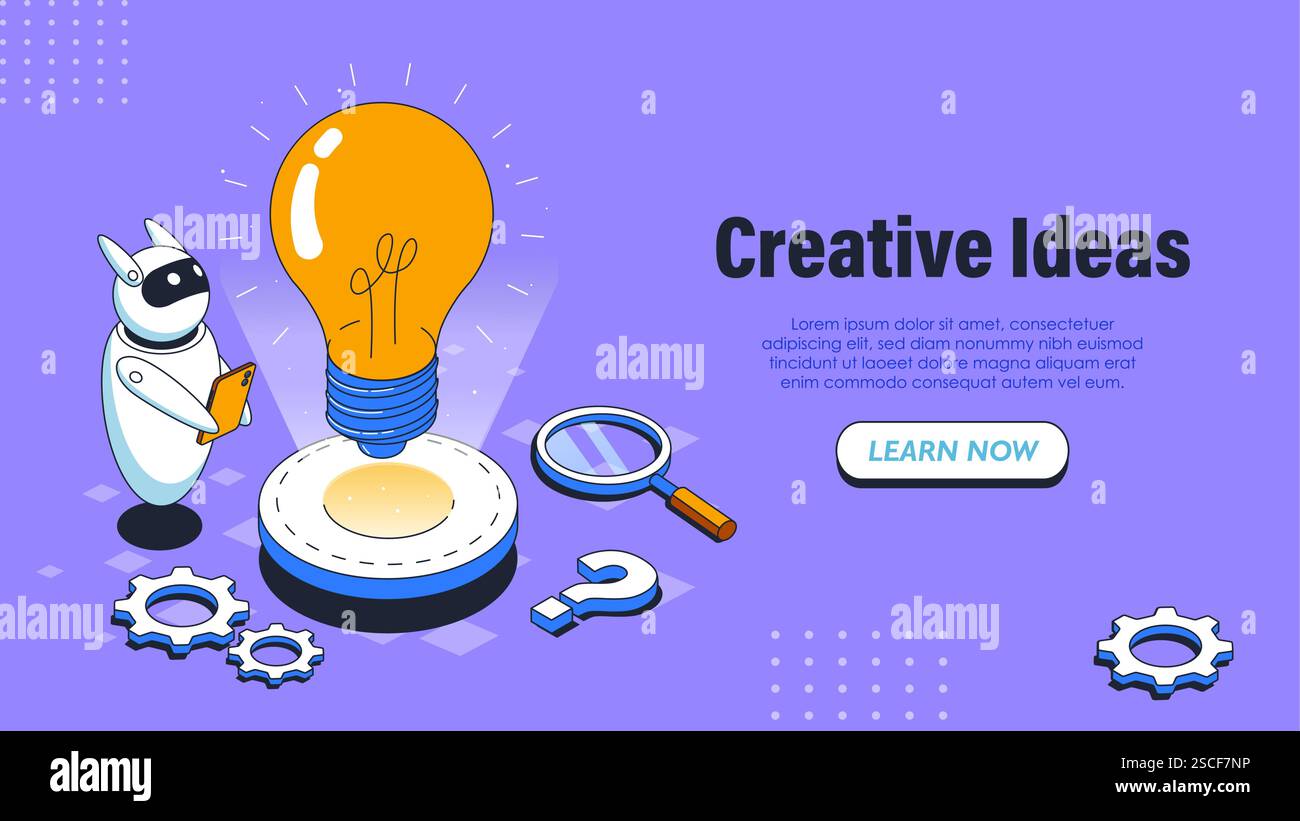 AI creative ideas poster. Robot with large light bulb. Artificial ...