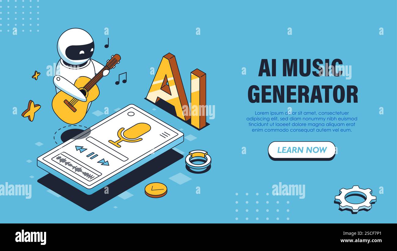 AI music generator poster. Robot with guitar near smartphone with mic ...