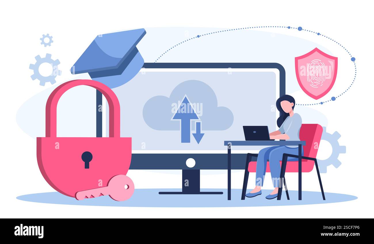Information security concept. Woman with laptop near closed cloud ...