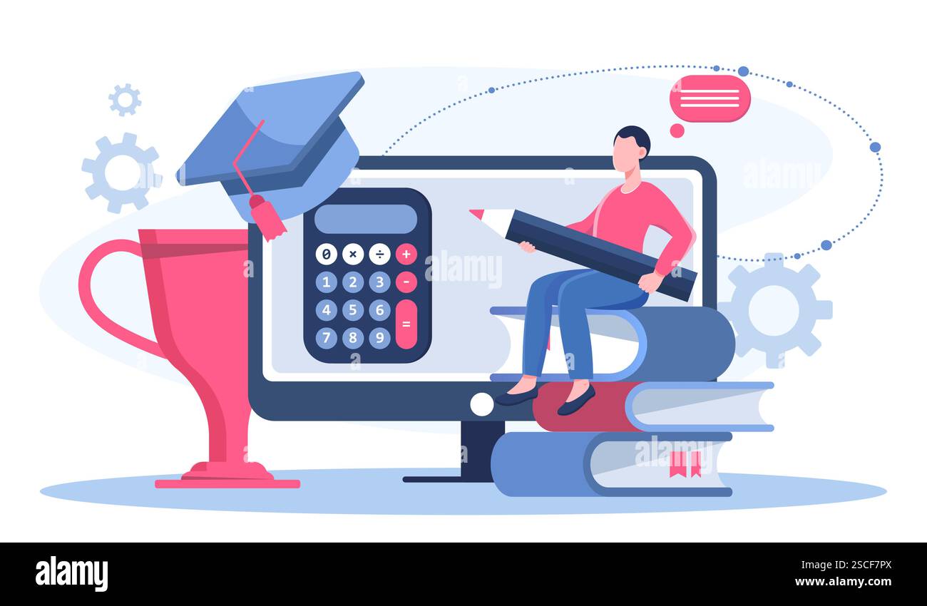 Management education online. Woman with pencil near stack of books ...