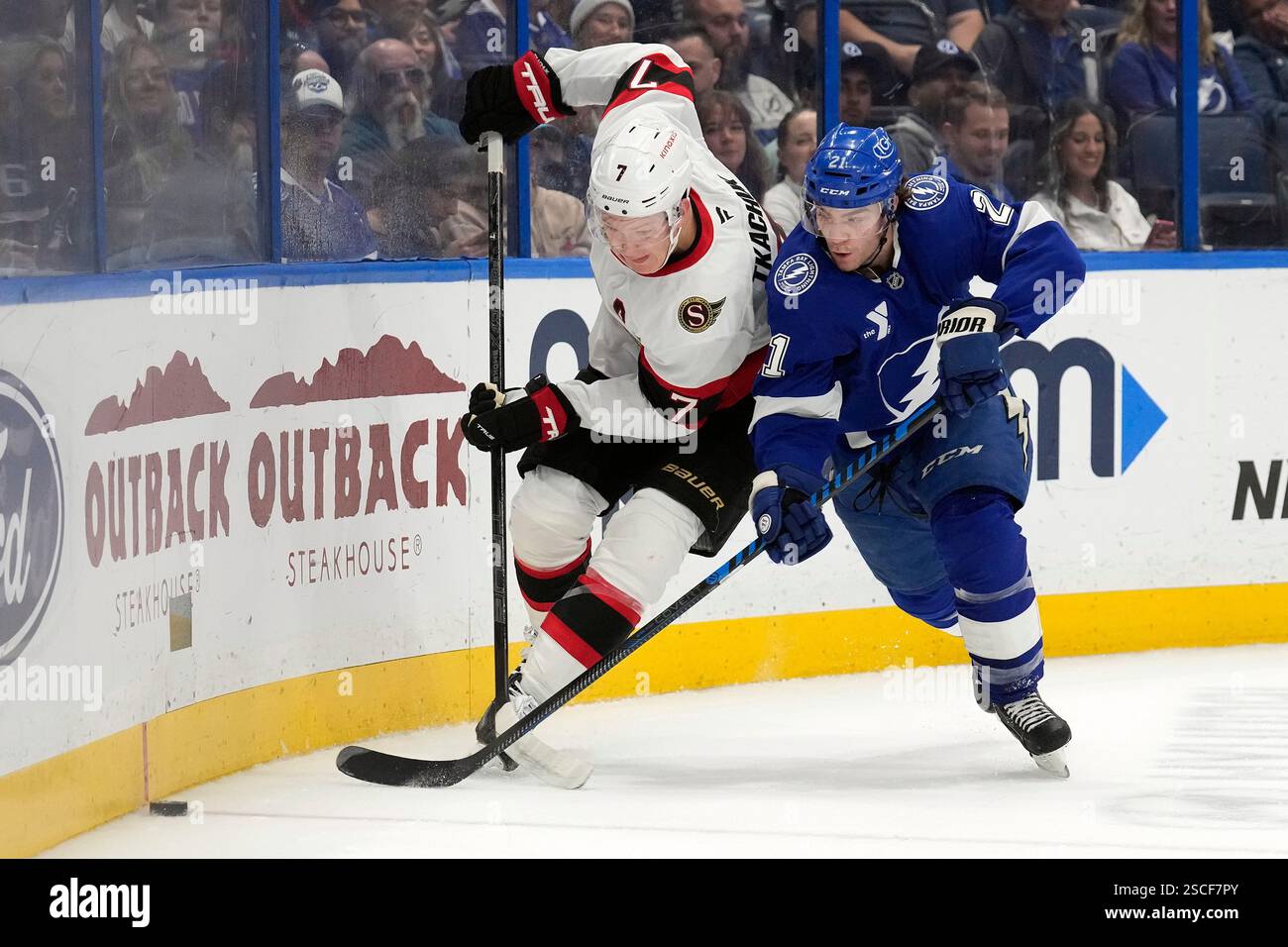 Ottawa Senators left wing Brady Tkachuk (7) and Tampa Bay Lightning ...