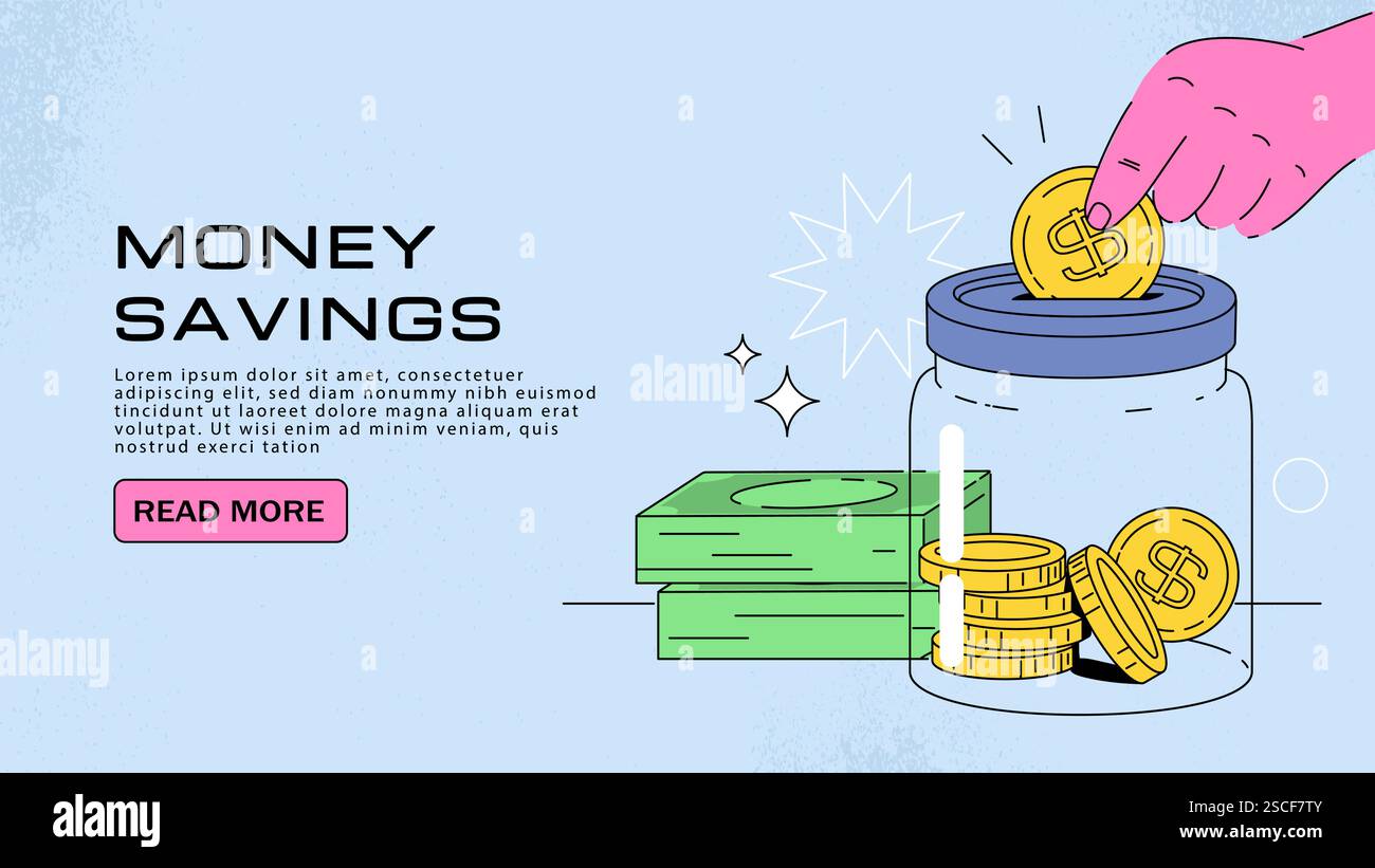 Money savings poster. Hand out golden coins in glass jars. Savings and ...