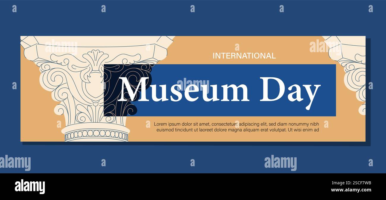 Museum day banner. Marble columns with text. International holiday and ...