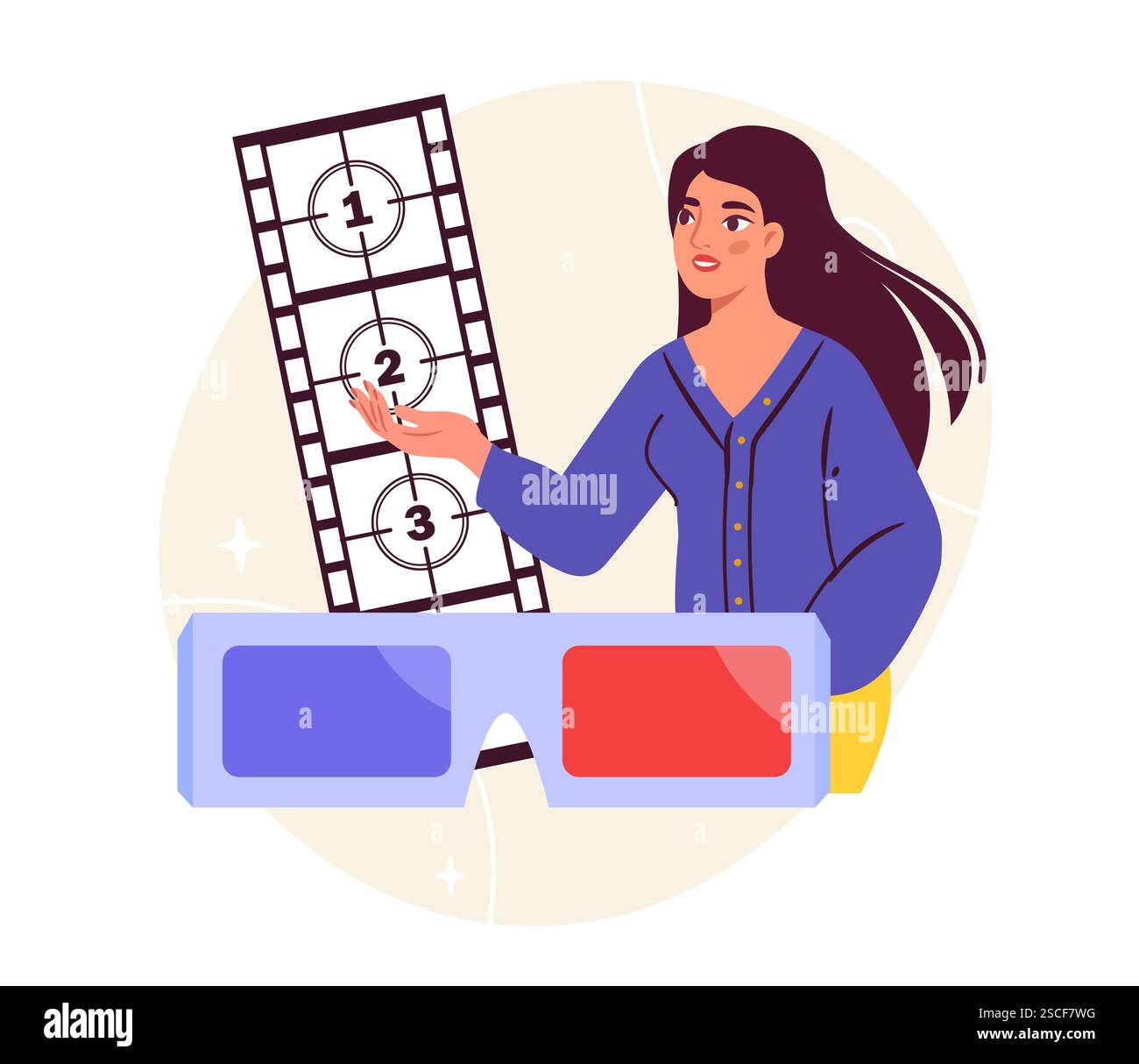 Film industry concept. Woman with 3d glasses near film reel. Film and ...