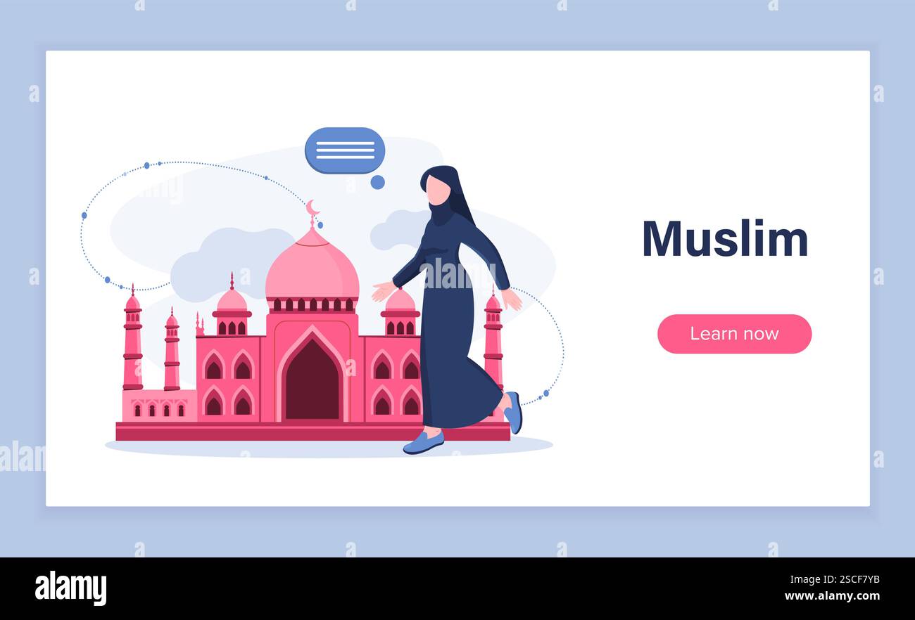 Muslim woman poster. Young girl in hijab goes to mosque. Arabic ...