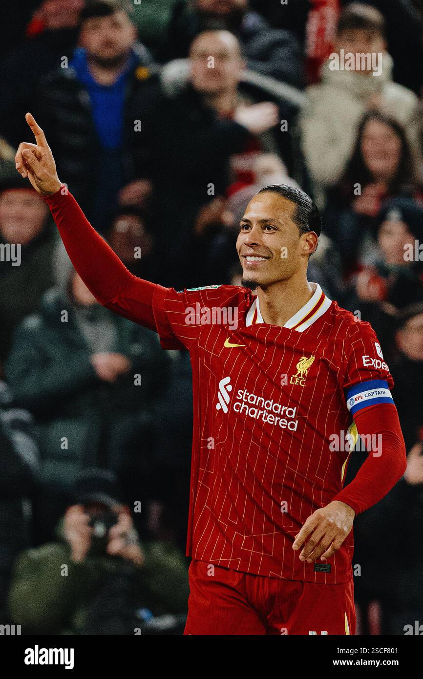 Liverpool's Virgil van Dijk celebrates after scoring their fourth goal ...