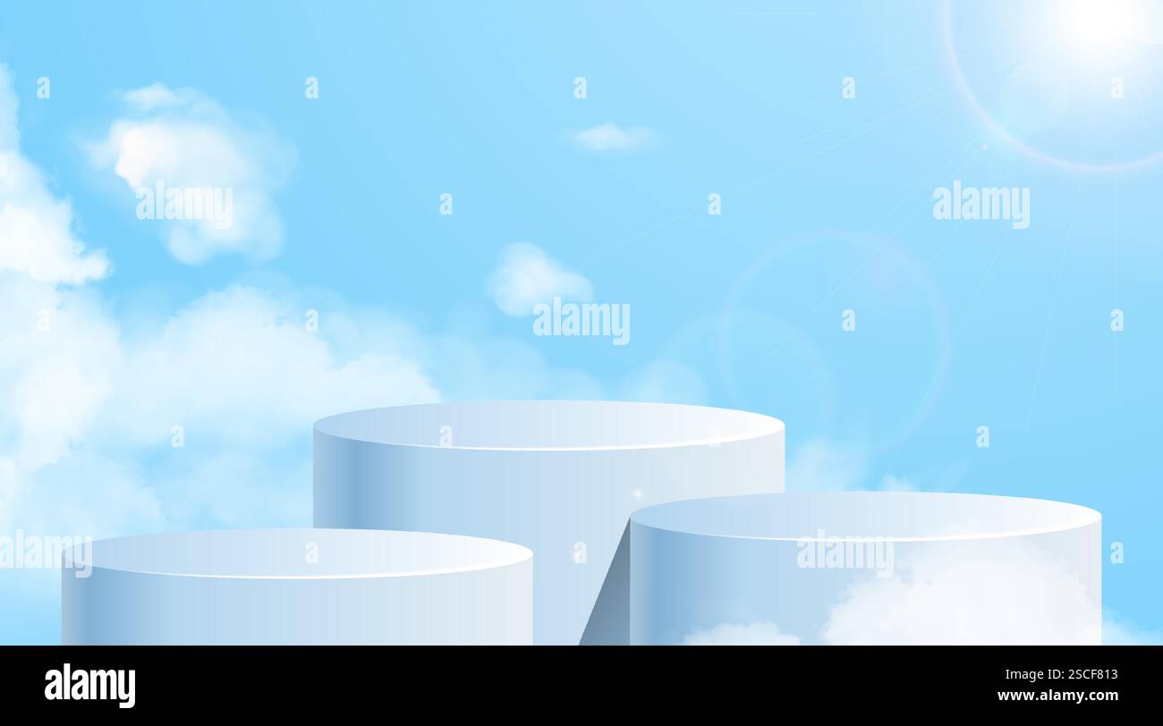Podiums in sky. White cylindric pedestals and stages. Place for product ...